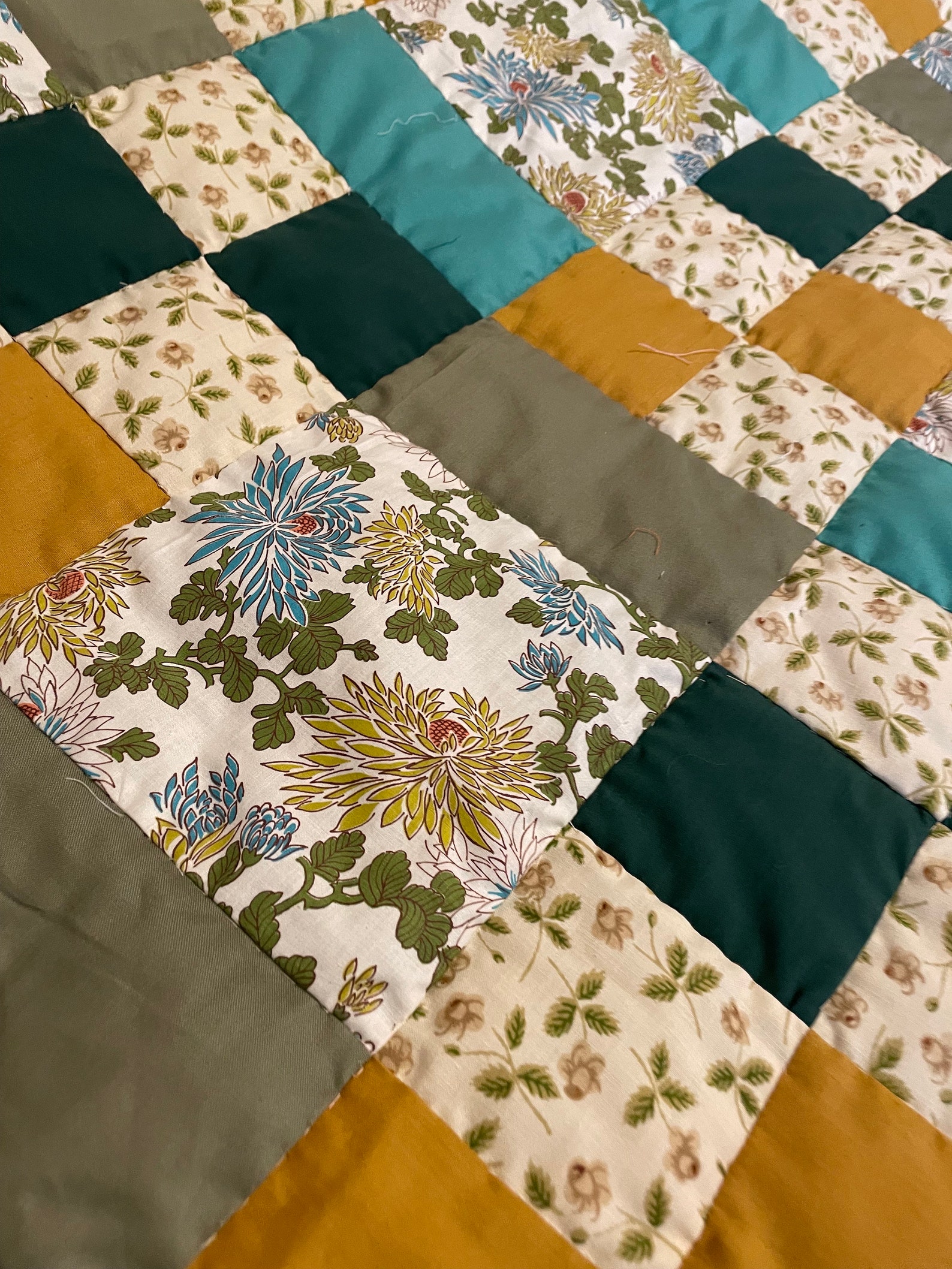 Handmade Patchwork Quilt With Harvest Gold, Teal, Vintage Floral Fabric ...