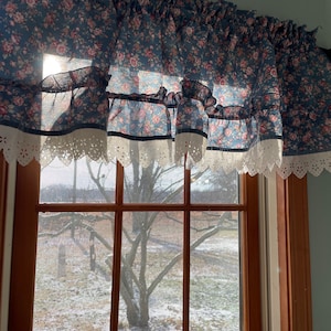 Vintage Blue Calico Curtain Valance With Ruffle and Laser Cut Lace ...