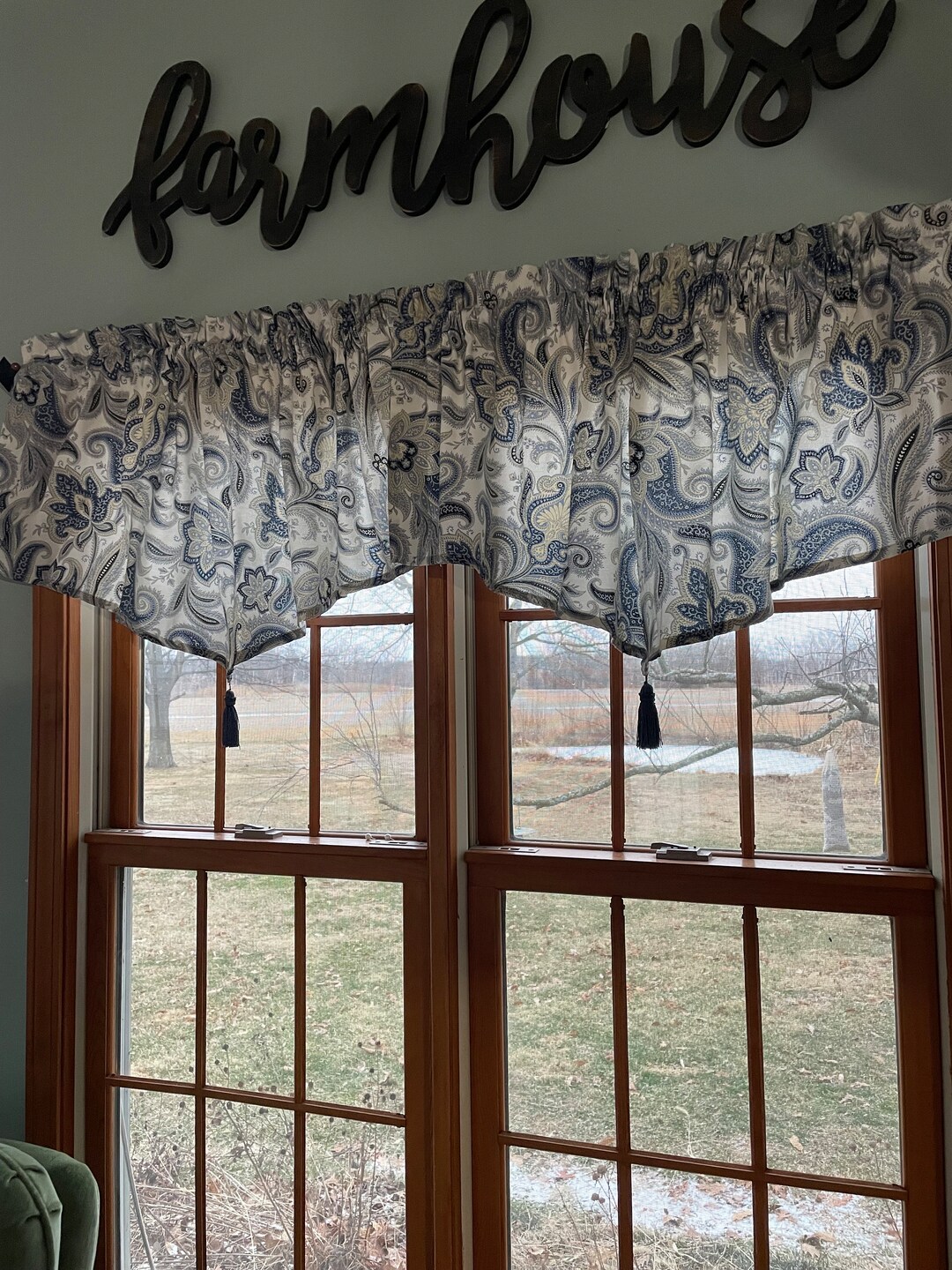Waverly Jacobean Window Valance Curtain in Denim Blue, Gray and Beige ...