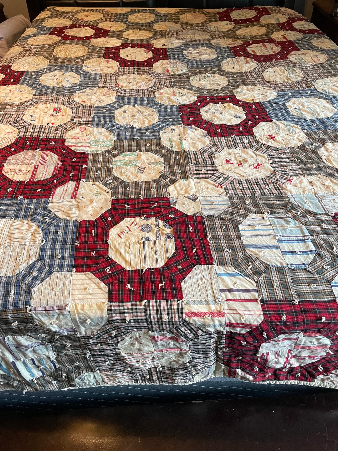Adorable Vintage 1950’s Quilt Hand Pieced & Sewn 88”x67” Octogon Plaids ...