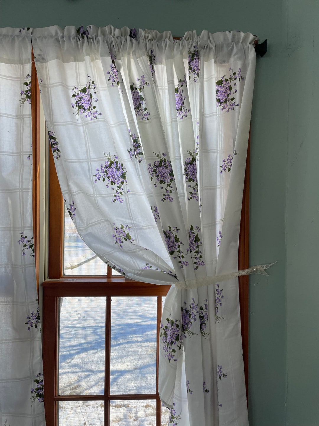 Pair Vintage 1980s Curtain Panels With Violet Bouquets and White ...