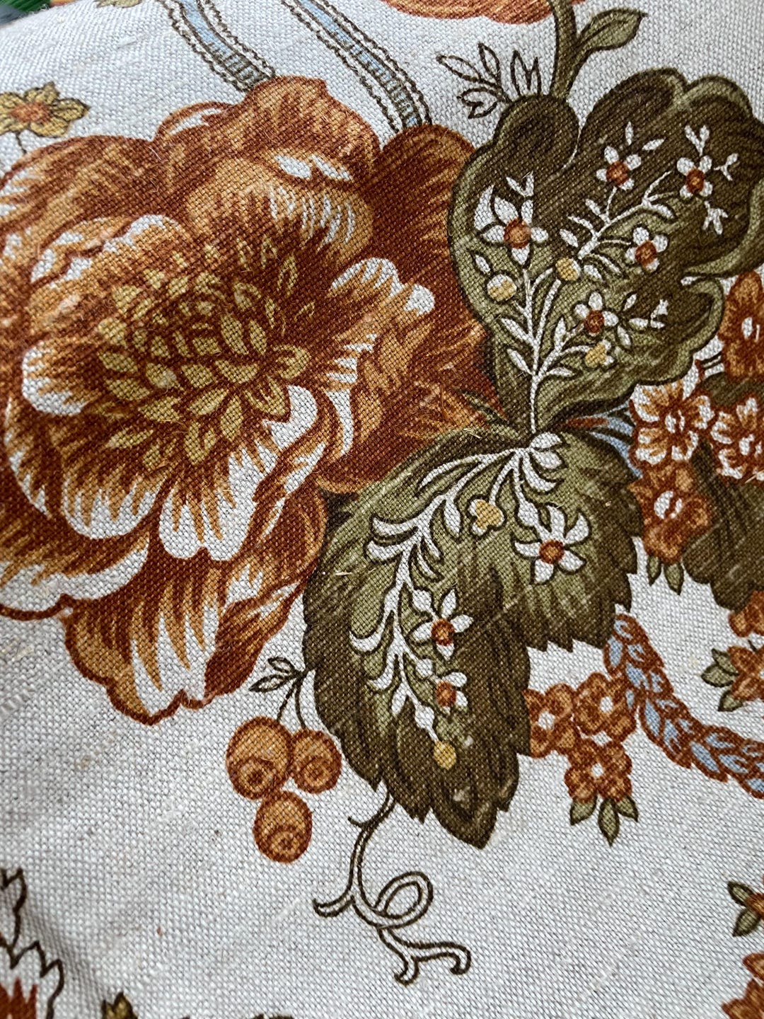 Vintage Fabric Vat Dyed Linen & Cotton W Rust Flowers and Current Berry ...