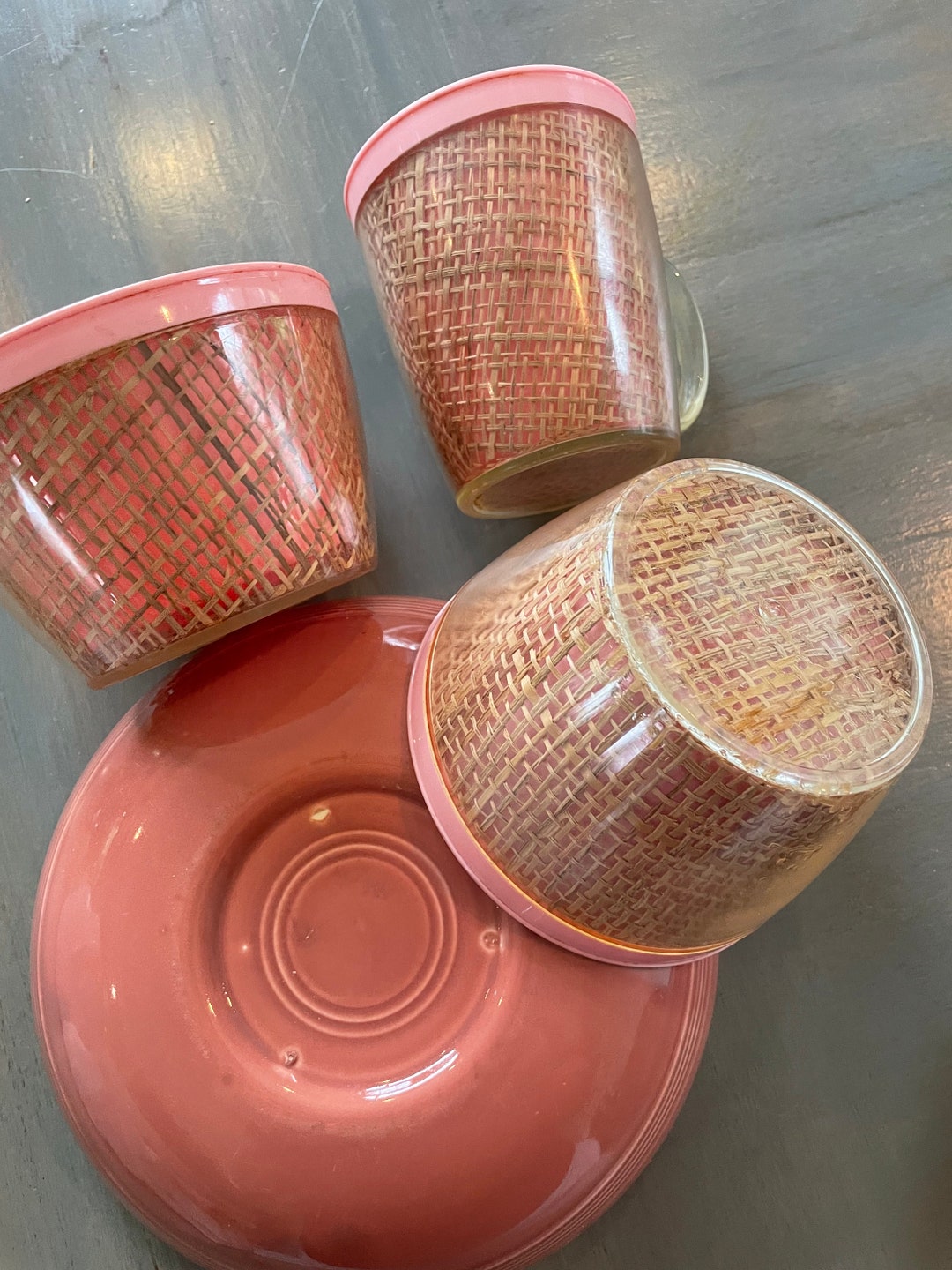 Vintage 1960s Pink Raffia Insulated Cup and 2 Bowls Set Plus Pink ...