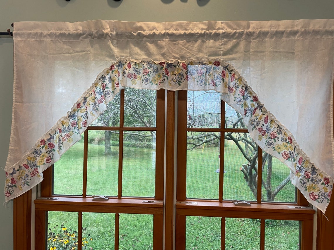 1980’s Vintage Swag Valance Curtain White on White Butterfly Print W ...