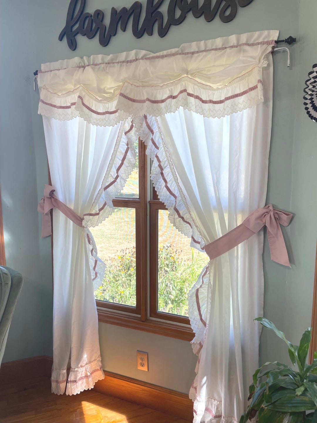 Pair of Vintage Priscilla Curtains 1980’s Cream and Dusty Pink Trim ...