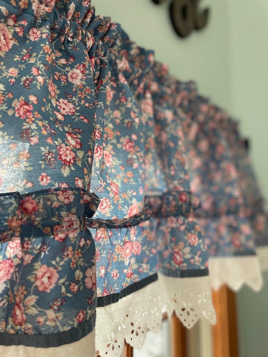 Vintage Blue Calico Curtain Valance With Ruffle and Laser Cut Lace ...