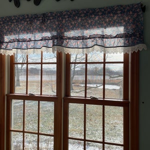 Vintage Blue Calico Curtain Valance With Ruffle and Laser Cut Lace ...