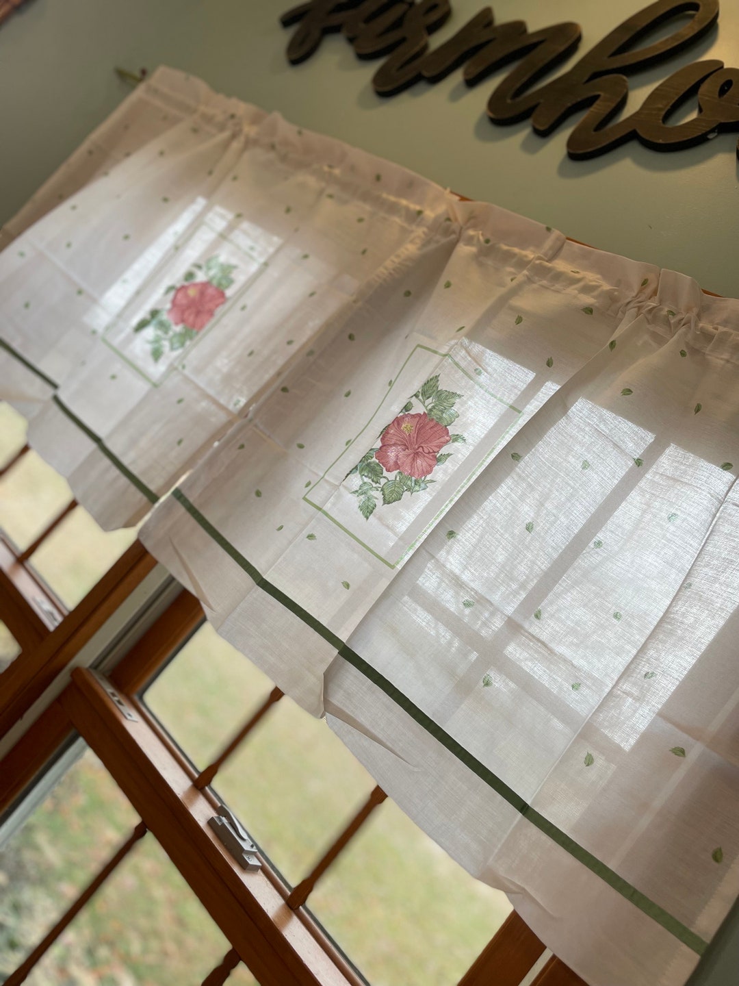 1980’s PAIR Vintage Curtains Cafe Tiers With Rosy Pink Hibiscus Flowers ...