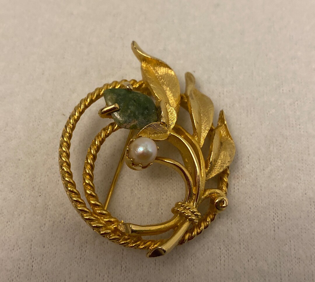 Vintage Sarah Coventry Goldstone Jade Pearl Garden Brooch Custom ...