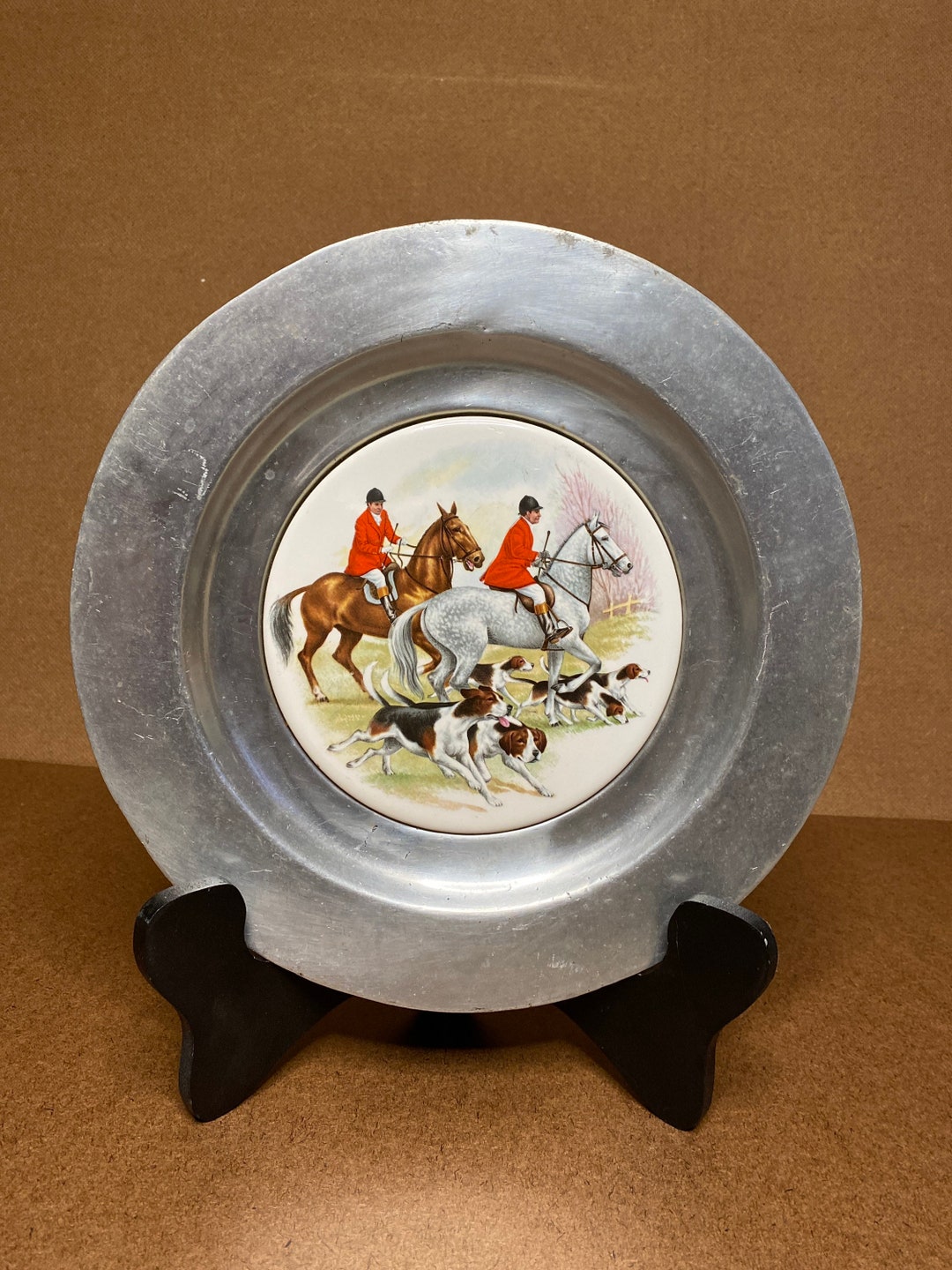 Vintage Pewter and Porcelain English Fox Hunt Plate. Fox and Hounds ...
