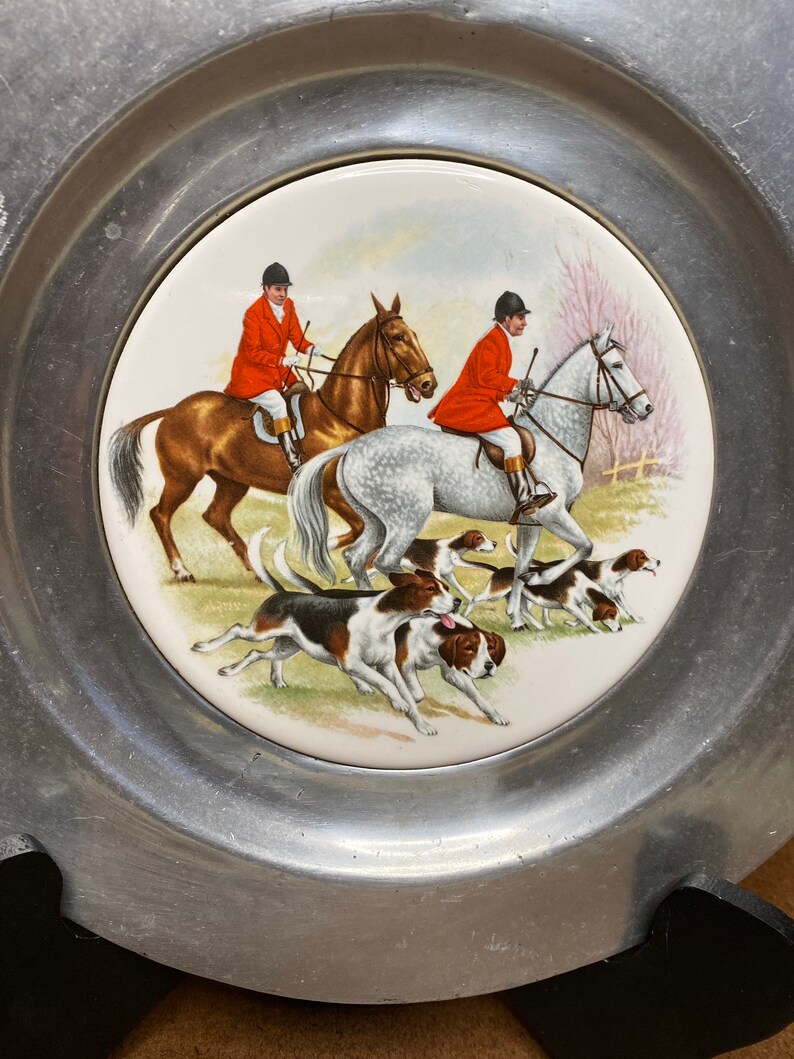 Vintage Pewter and Porcelain English Fox Hunt Plate. Fox and Hounds ...