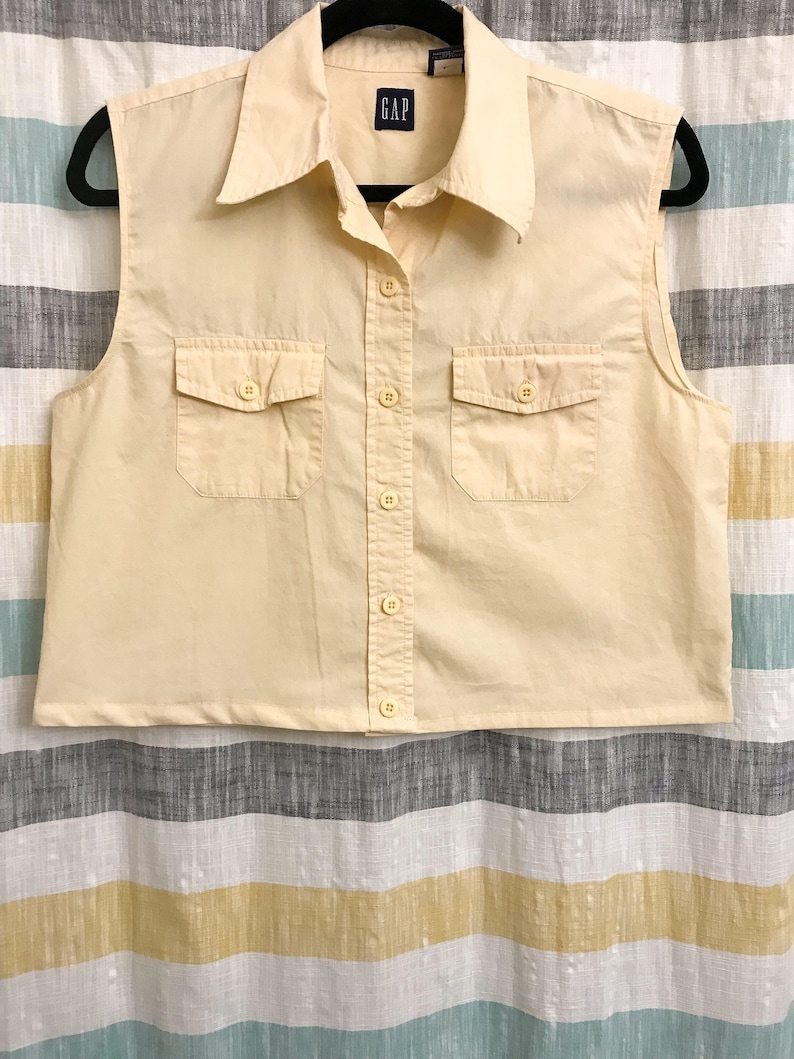 Yellow Button up Cropped Sleeveless - Size M (4-6) Refashioned Women's ...