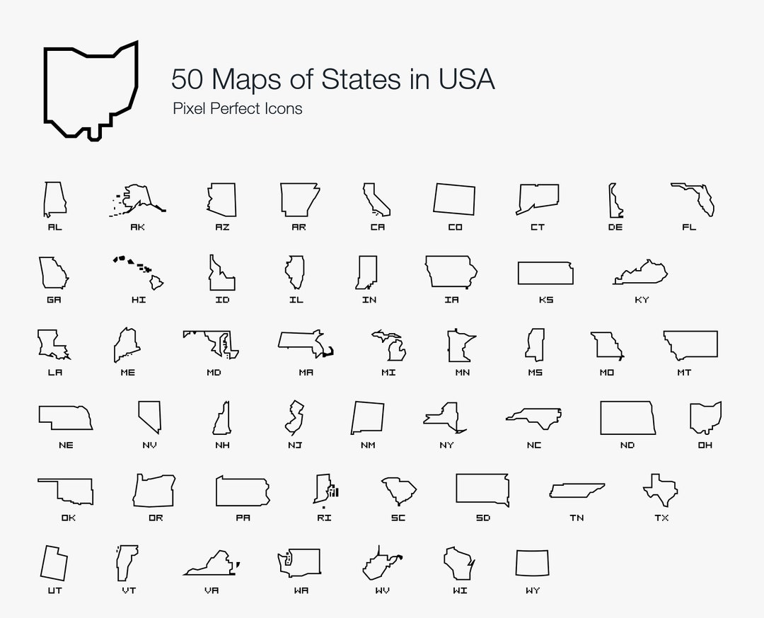 All 50 USA States Map Outline Line Icons Sign Symbol Pictogram Set ...