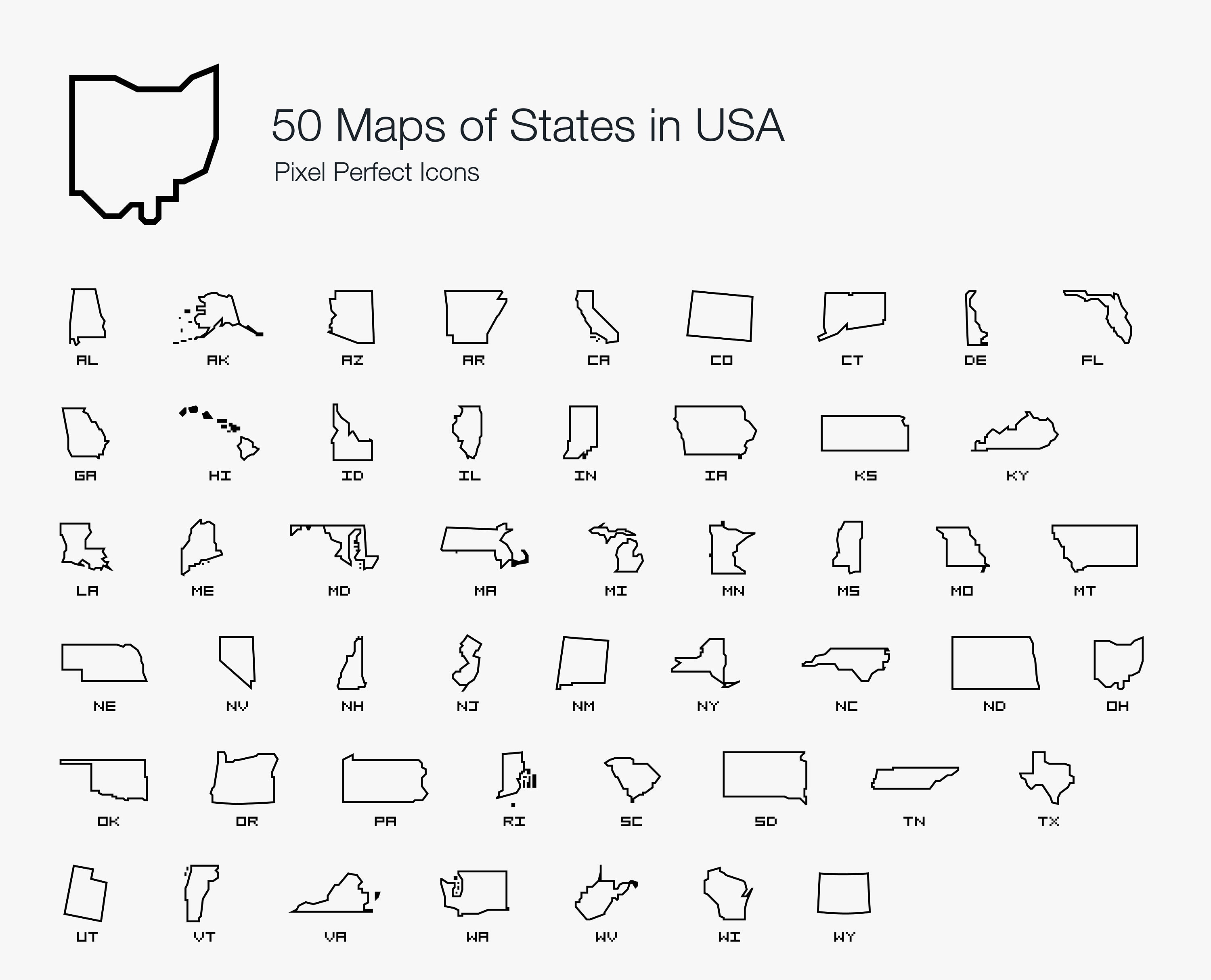 All 50 USA States Map Outline Line Icons Sign Symbol Pictogram Set ...