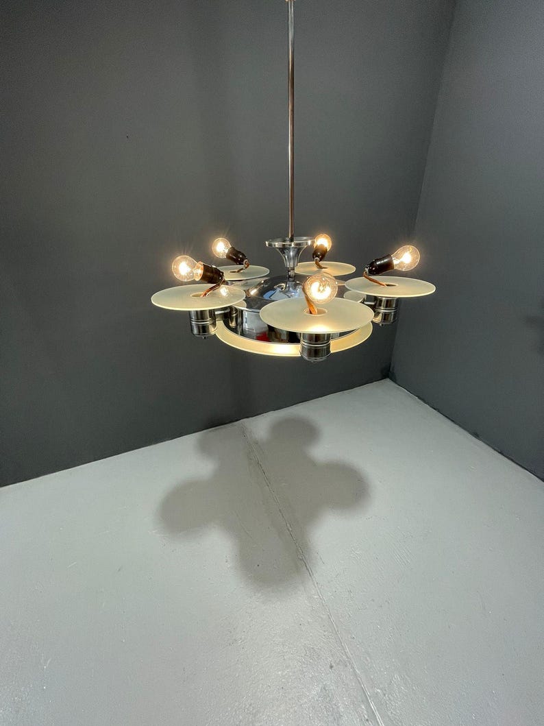1930s Art Deco Chrome Chandelier With Frosted Glass Disc Shades – Czech ...