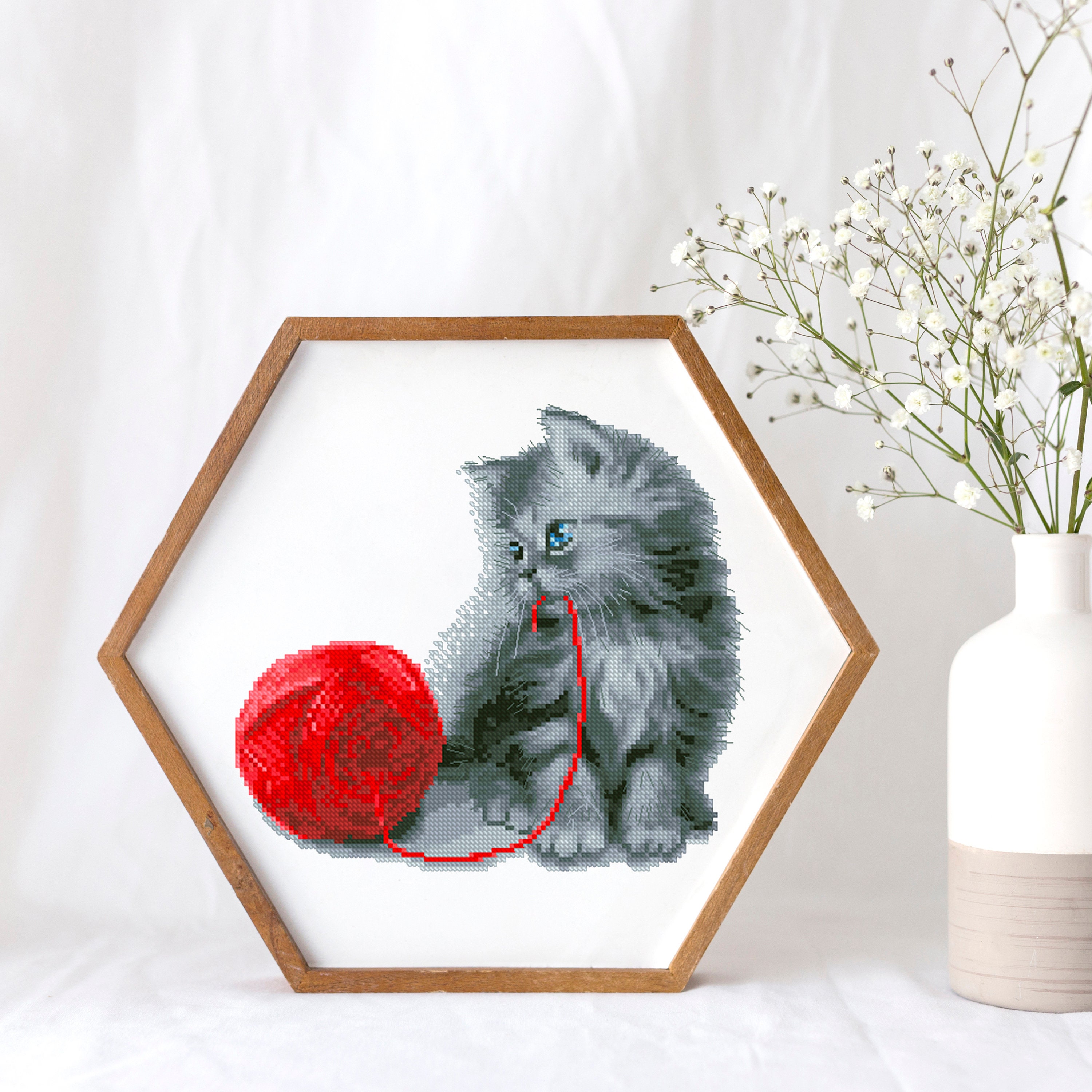 Kitten Playing With a Ball Of Yarn modern counted cross | Etsy