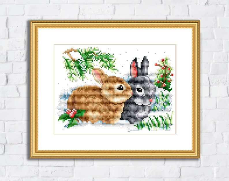 Rabbits in Snow Counted Cross Stitch Pattern PDF Easy | Etsy