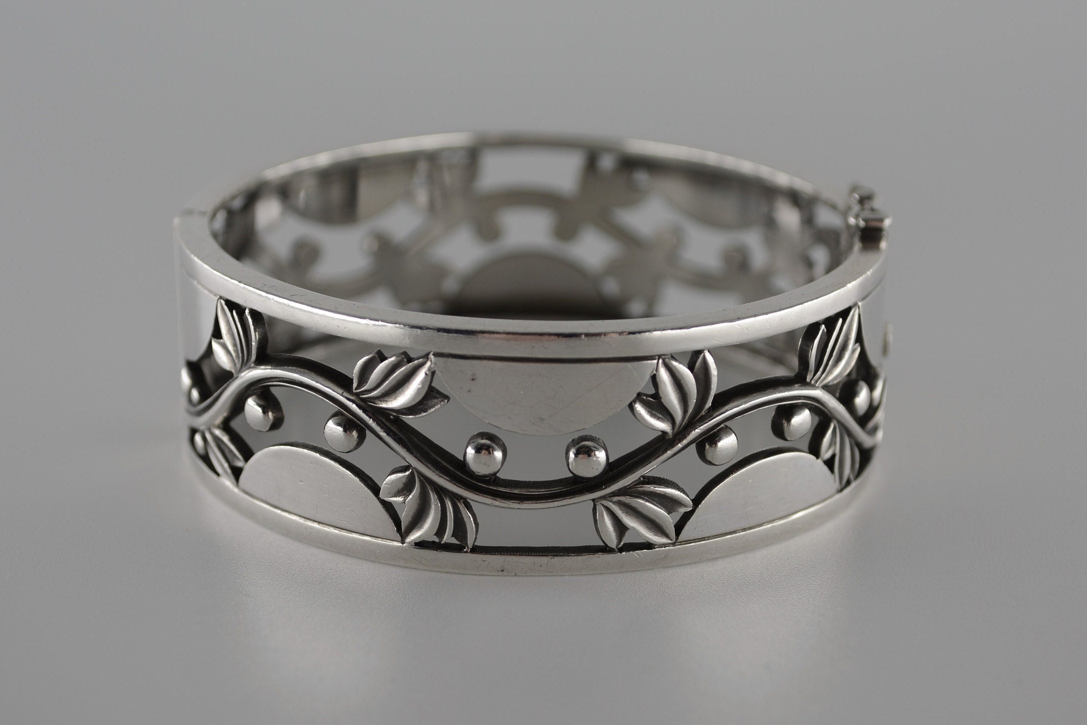 Harald Nielsen for Georg Jensen, Art Deco Berry Vine Sterling Silver Cuff Bracelet Hinged Bangle ...