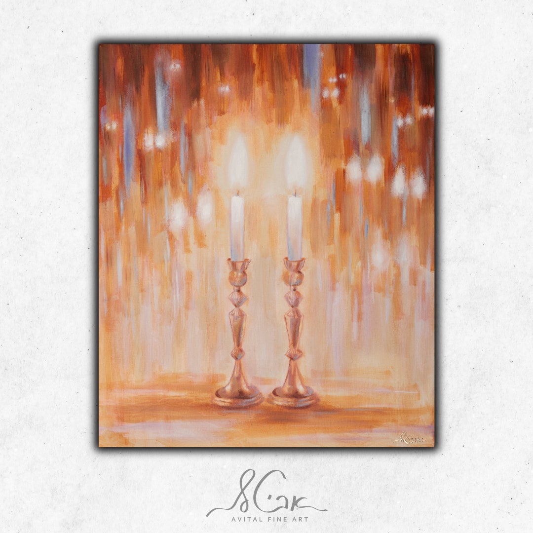 Shabbat Candles Painting, Shabbos Candlesticks Canvas, Shalom ...
