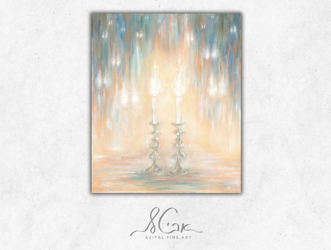 Shabbat Candles Art, Pastel Colors Canvas Painting, Shalom, Judaica ...