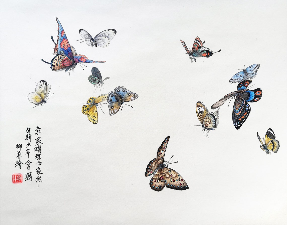 Butterflies. Original Chinese Ink Painting. Traditional Gongbi Style ...