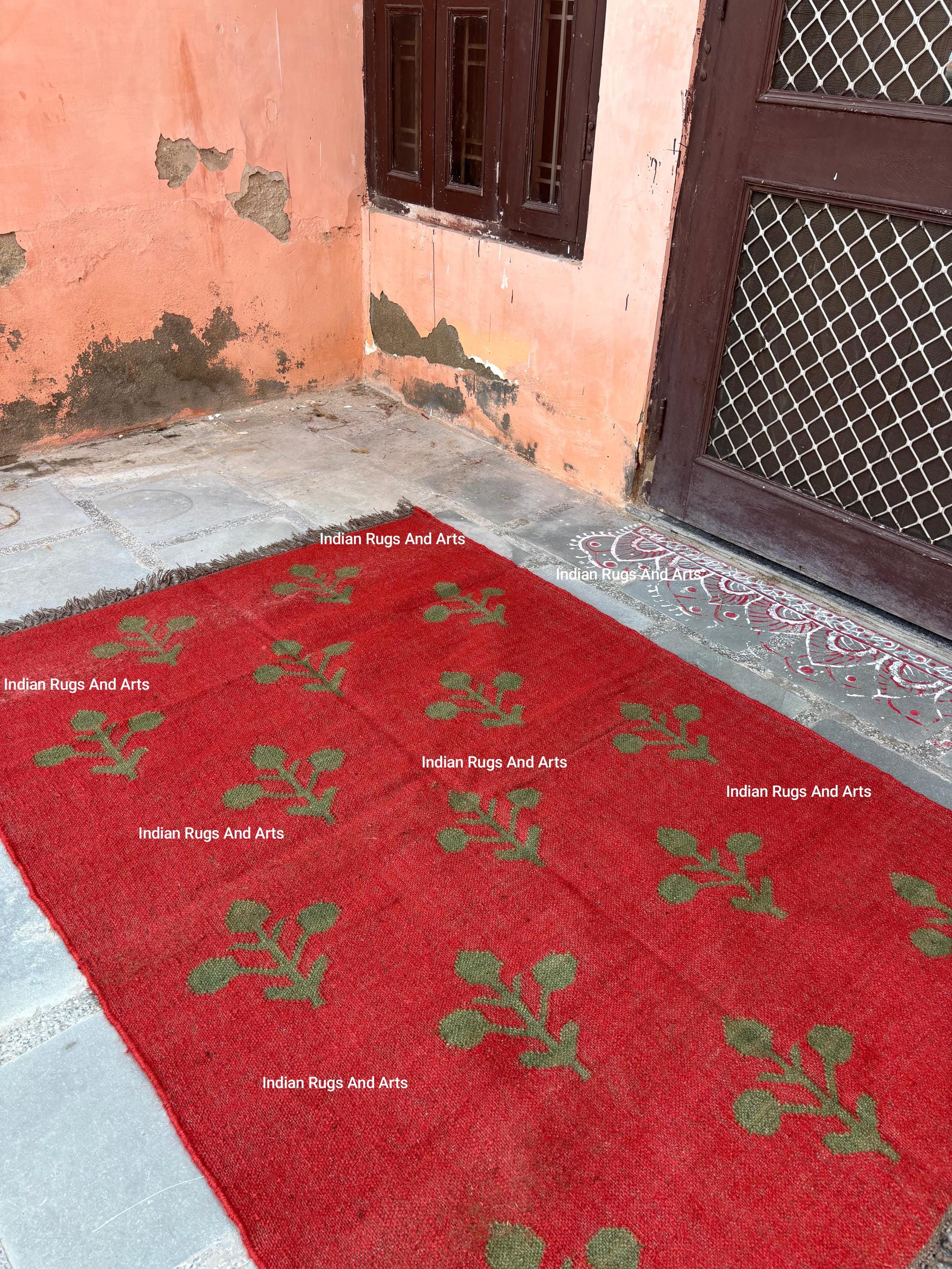Green Red Floral Wool Jute Rug, Vintage Area Carpet, Eco Friendly ...