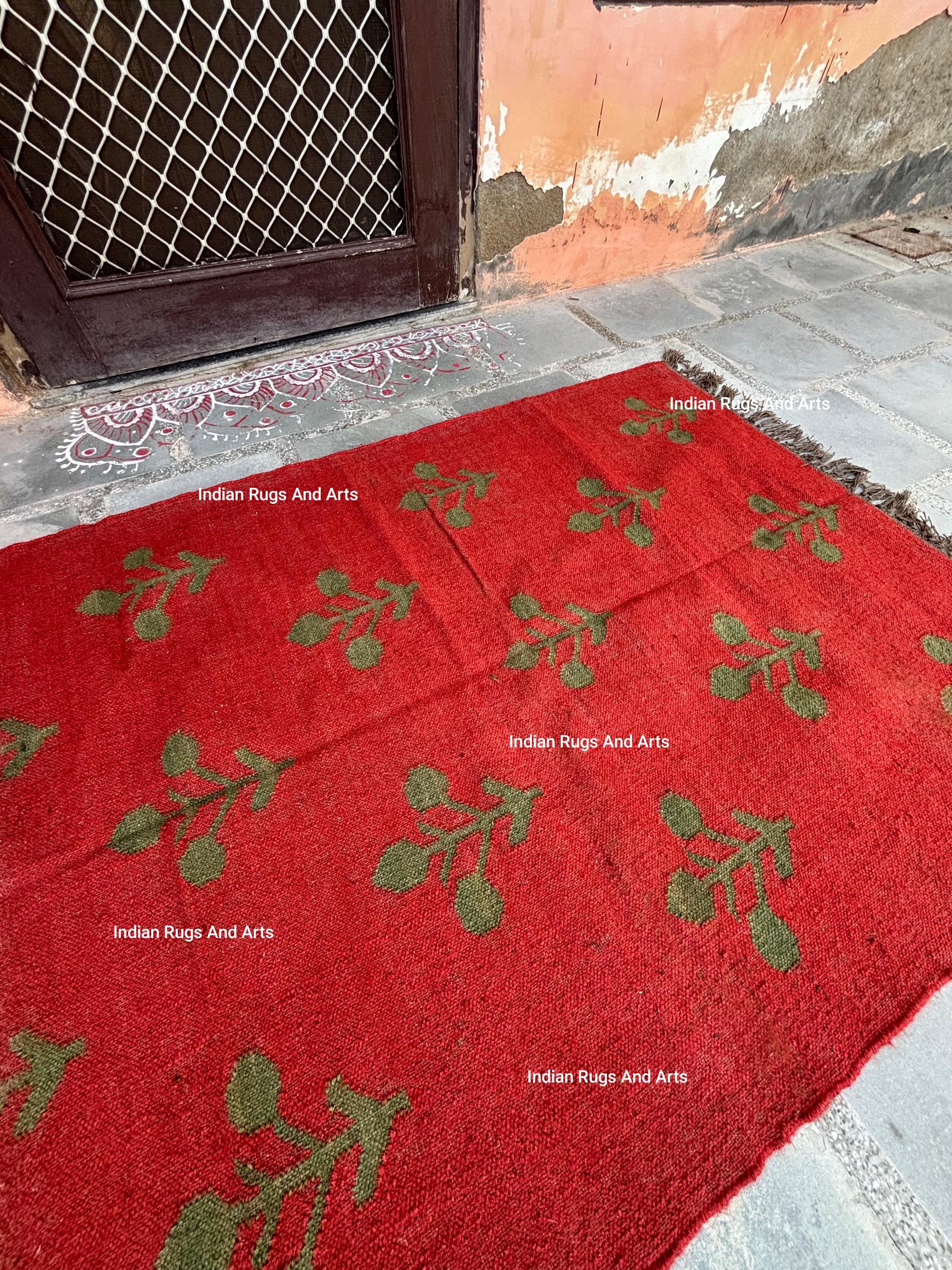 Green Red Floral Wool Jute Rug, Vintage Area Carpet, Eco Friendly ...