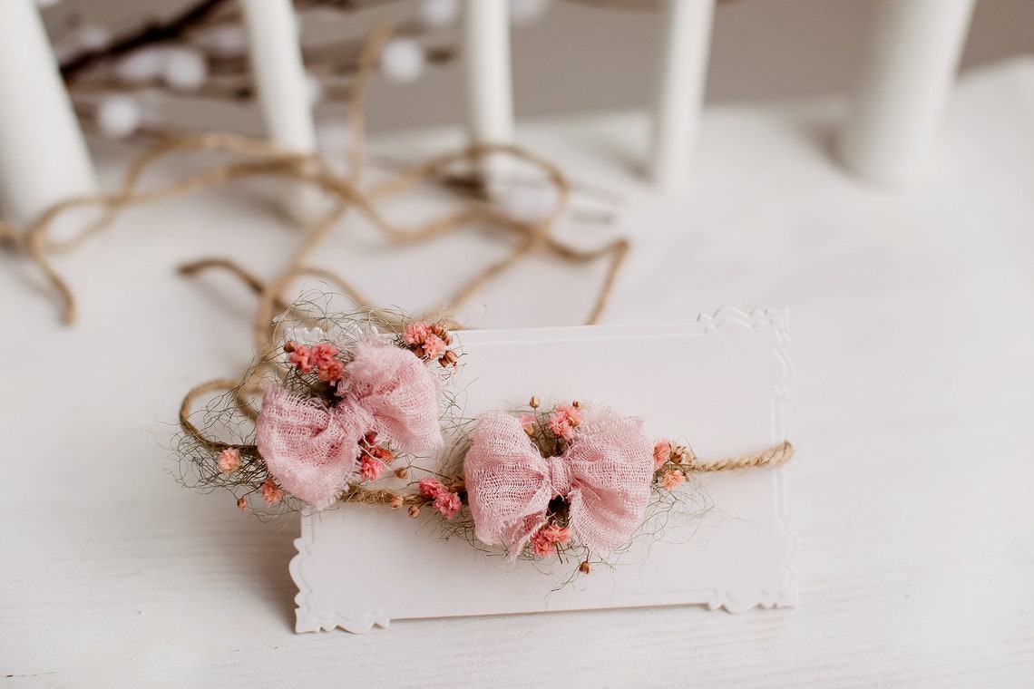 Shabby Pale Pink Bow With Natural Greenery, Vintage Style, Newborn ...