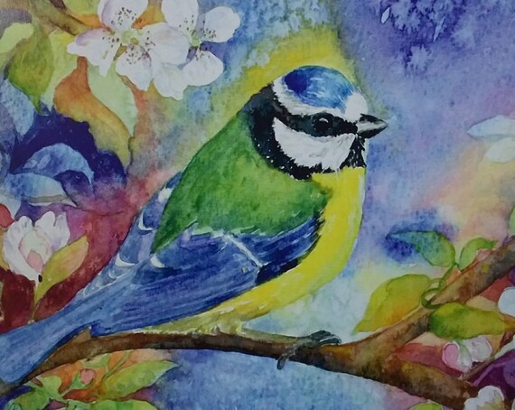Matted Print Blue Bird in Apple Blossom From Watercolor | Etsy
