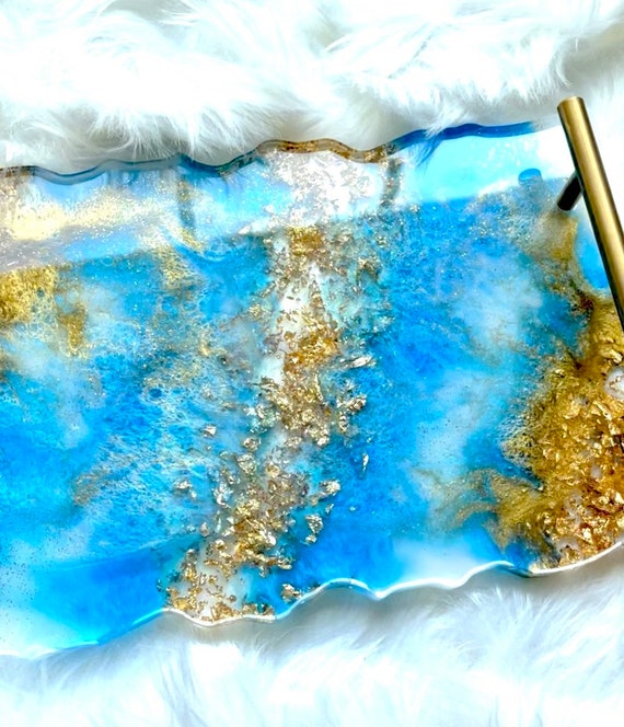 Blue White & Gold Tray Resin Tray Ocean Blue Resin Tray | Etsy