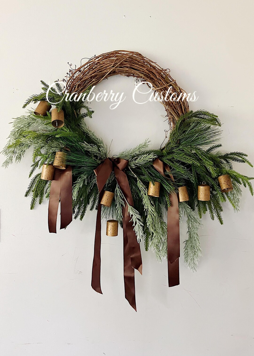 Rustic Bell Wreath. Rustic Wreath. Pine Wreath. Gold Bell Wreath ...