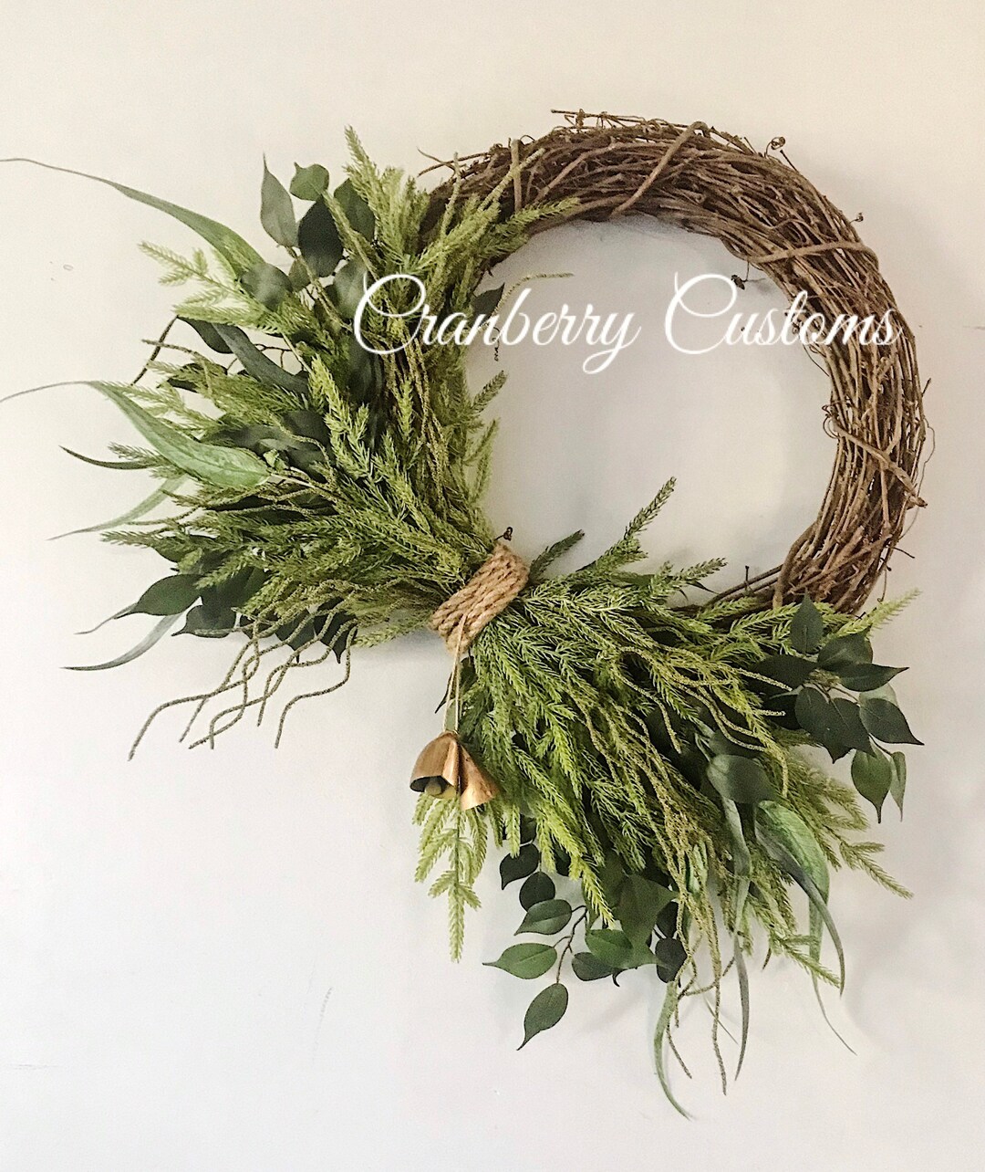 Bell and Rope Wreath. Rustic Winter Rope Wreath. Bell Wreath. Greenery ...