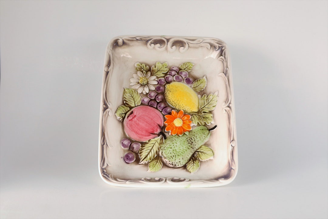 Vintage Fruit Tray, Pedestal Plate Square With Fruit Raised Design ...