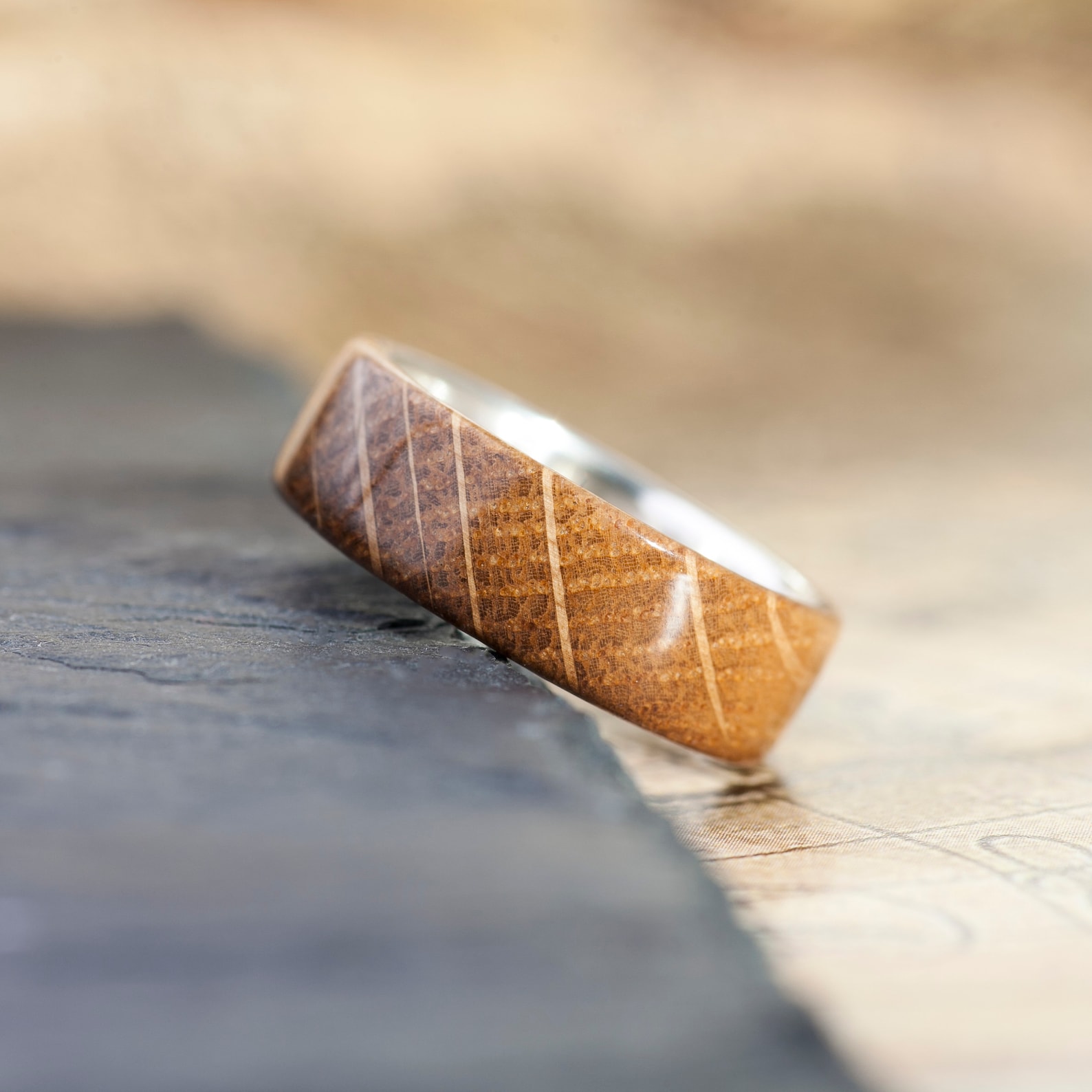 Sterling Silver Whiskey Barrel Ring, Reclaimed Wood Inlay Band, Rustic ...