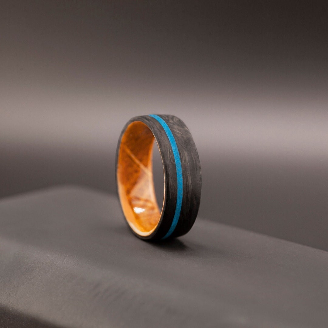 Carbon Fiber Ring, Blue Turquoise Inlay, Whiskey Barrel Wood Wedding ...