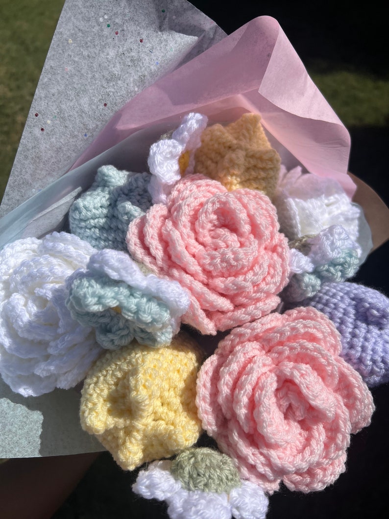 Handmade Crochet Cute Pastel Colors Bouquet Forever Flowers With Tulips ...