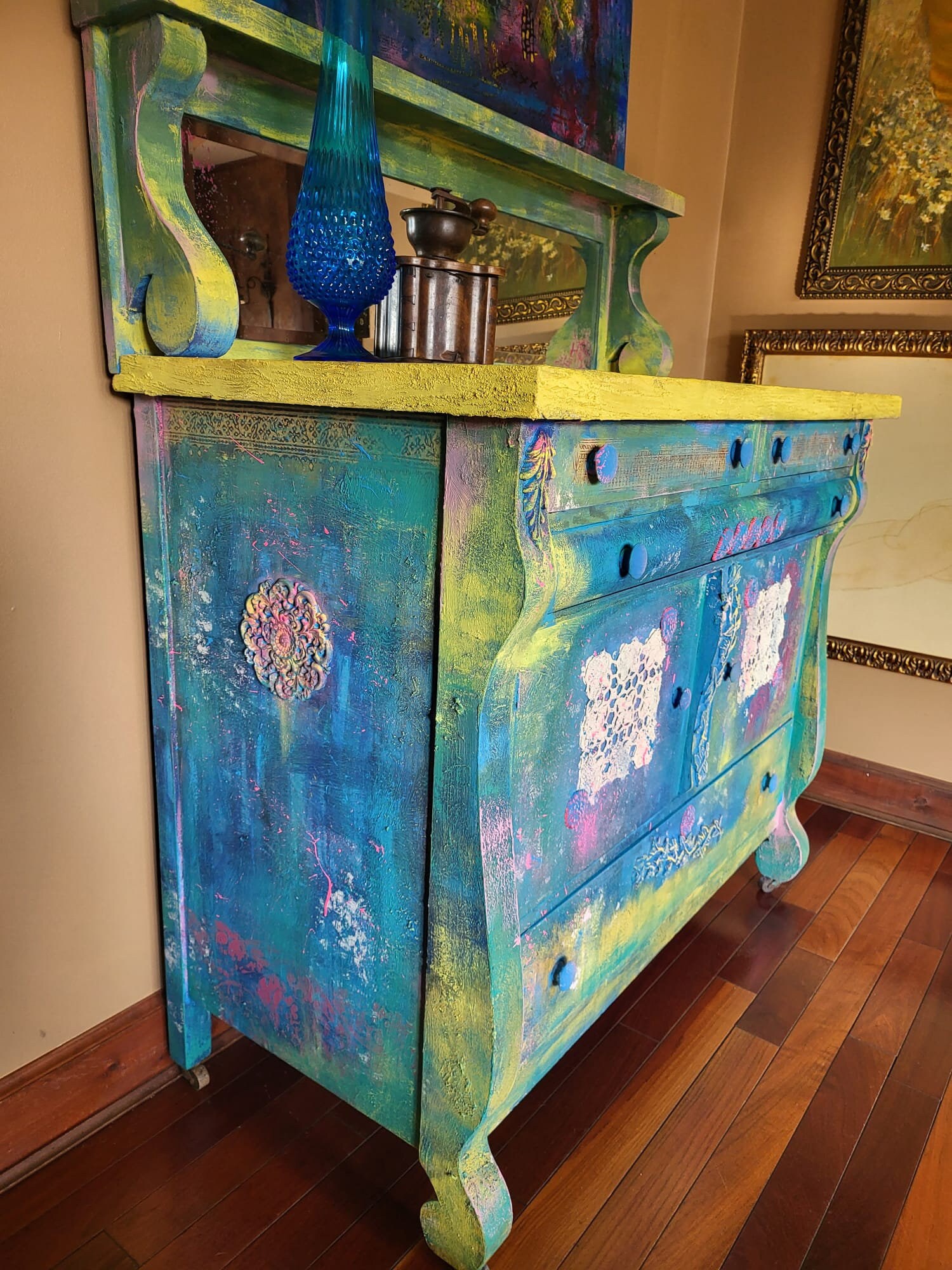 Furniture Painted Side Table Painted Sideboard Boho Decor Bohemian ...