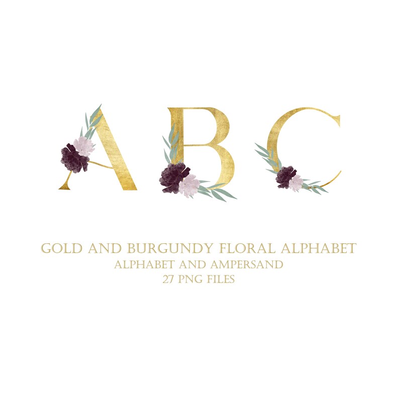 Gold Burgundy Floral Alphabet Clipart Alphabet Clipart - Etsy