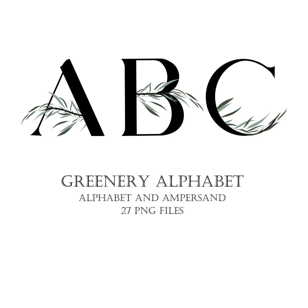 Black Greenery Alphabet Clipart, Alphabet Clipart, Greenery Alphabet ...
