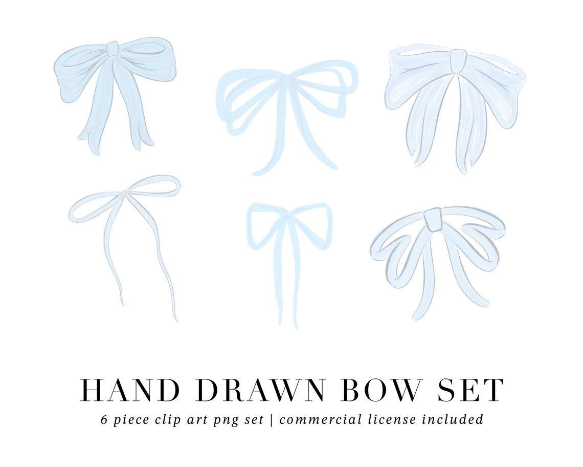 Hand Drawn Blue Bow Clipart, Blue Bow Clipart PNG Set, Vintage Bow ...