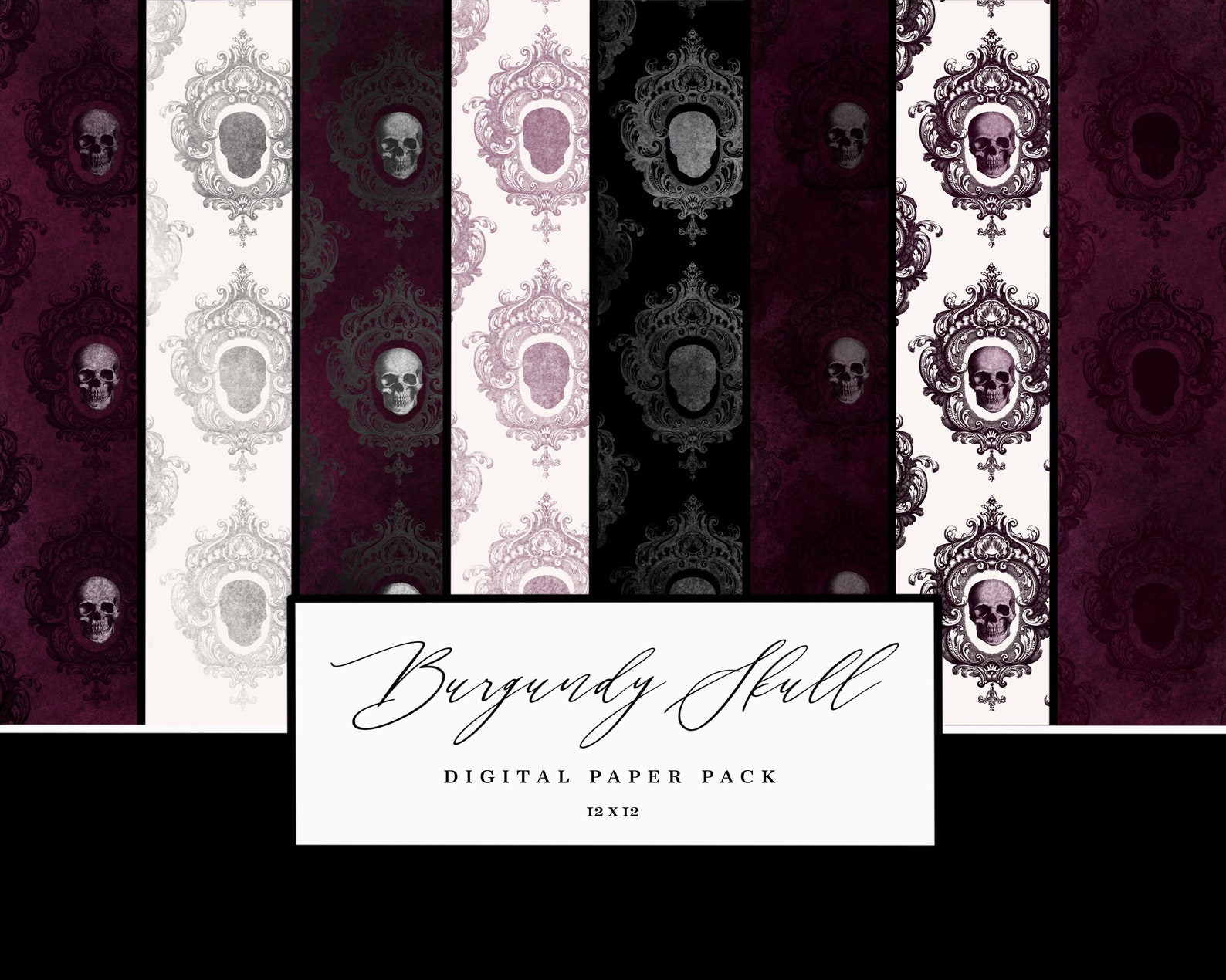 Burgundy Gothic Digital Paper, Skull Halloween Scrapbook Papers ...