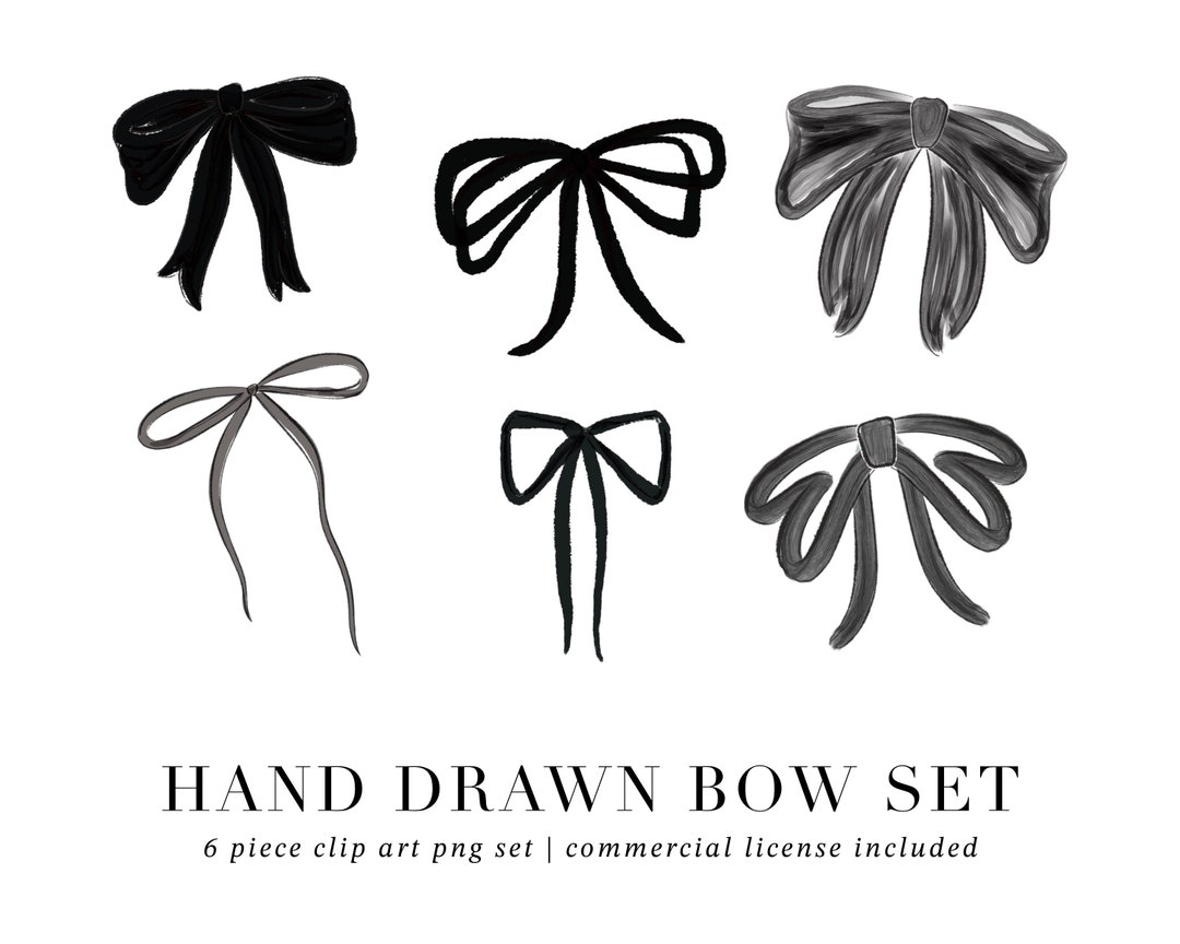 Hand Drawn Black Bow Clipart, Black Bow Clipart PNG Set, Vintage Bow ...