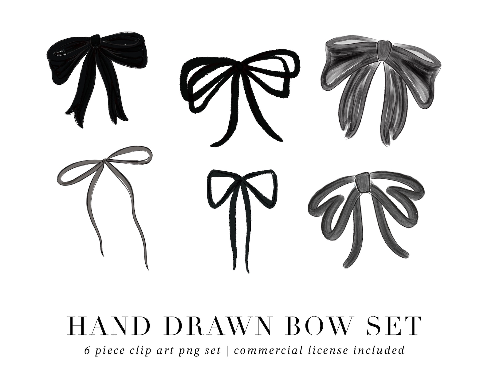 Hand Drawn Black Bow Clipart, Black Bow Clipart PNG Set, Vintage Bow ...