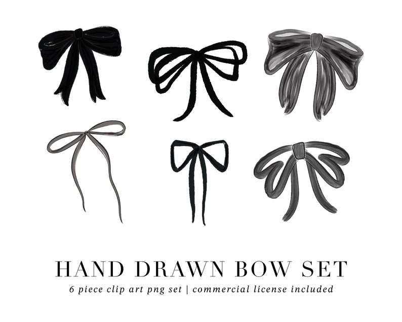 Hand Drawn Black Bow Clipart, Black Bow Clipart PNG Set, Vintage Bow ...
