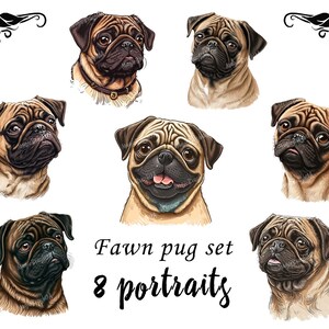 Pug Portraits Set, Pug Clipart, Classic Pug Portraits Bundle, Digital ...