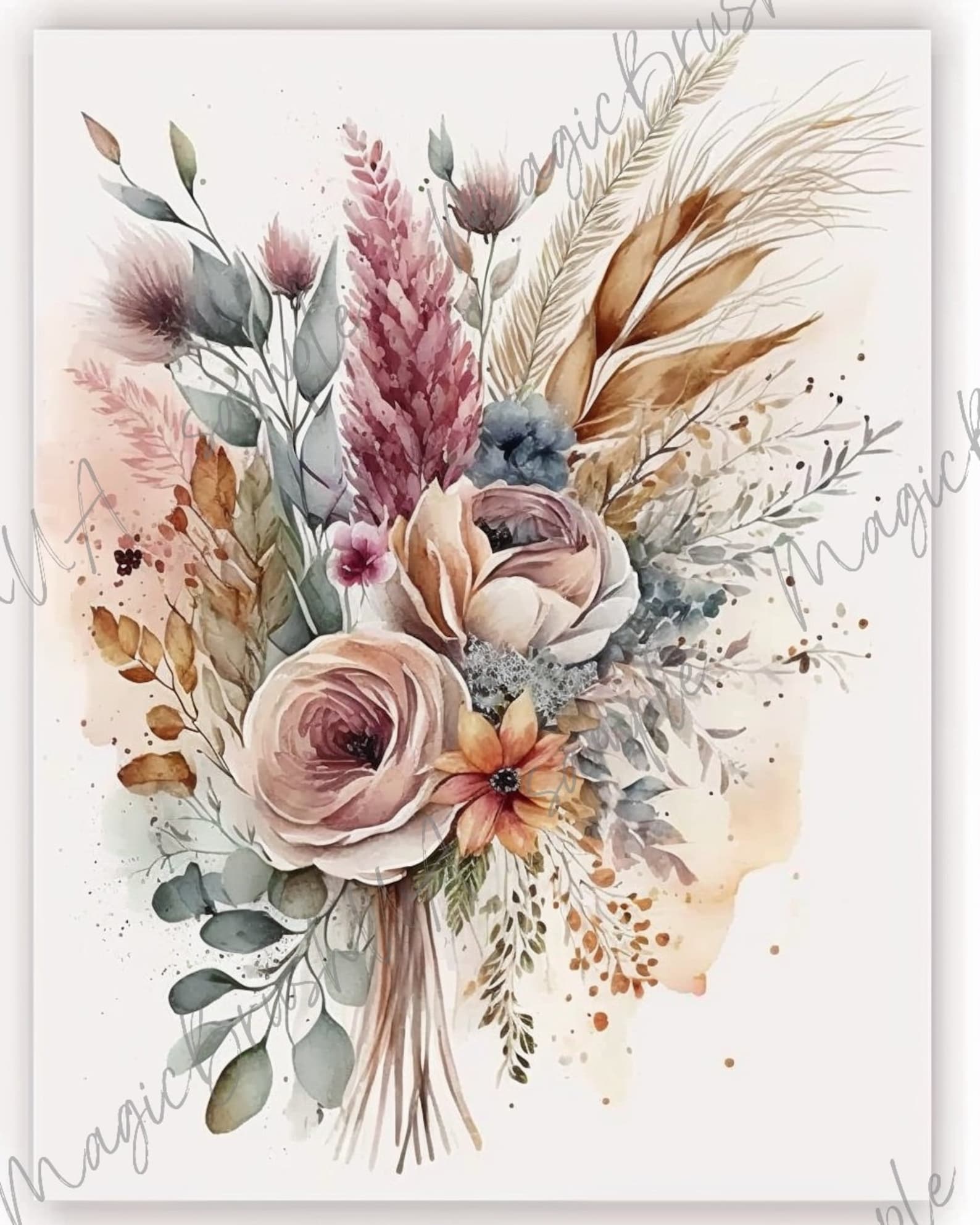 Boho Floral Bouquet Printable Art Prints Digital Crafting - Etsy