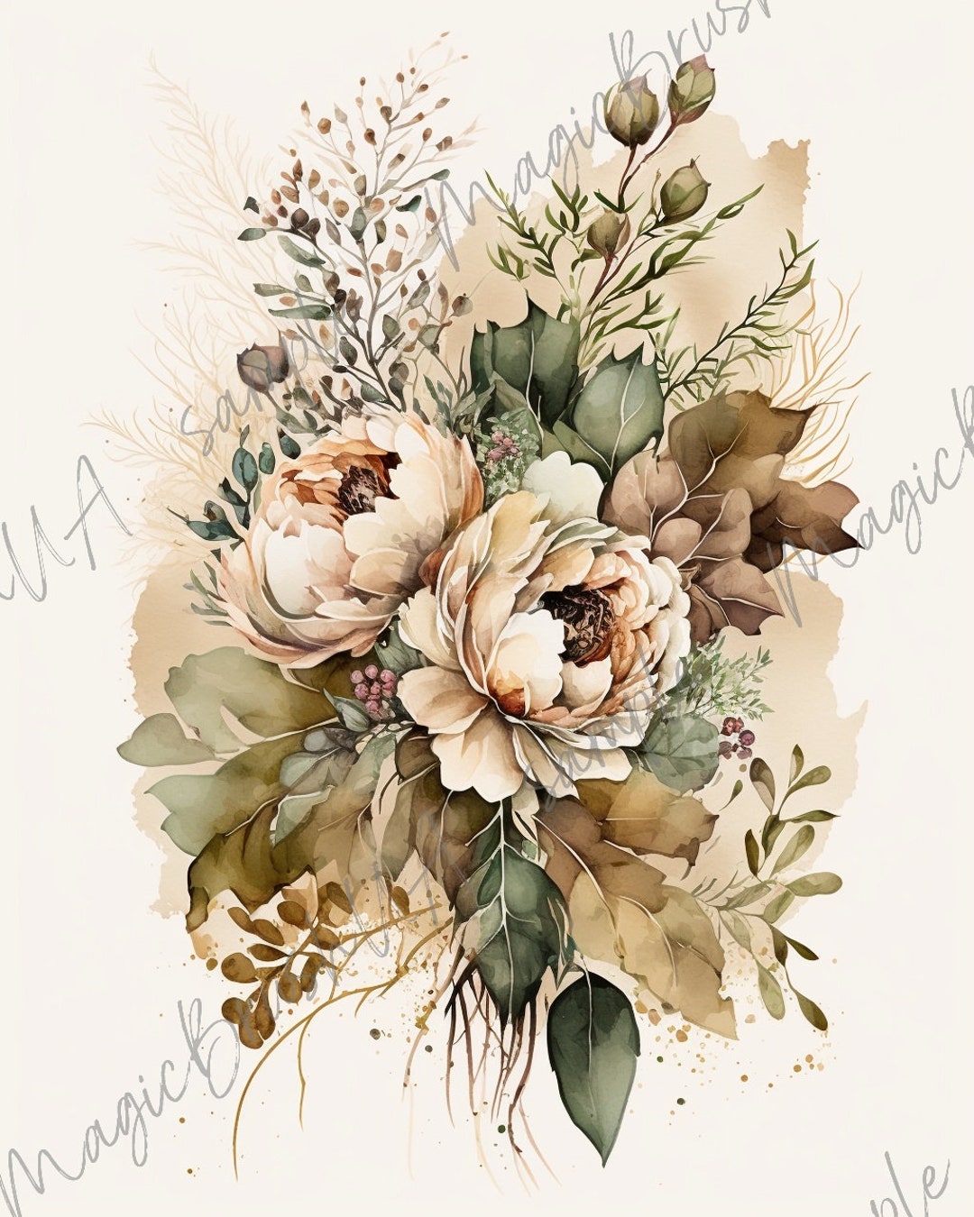 Boho Floral Bouquet, Printable Art Prints, Digital Crafting Bundle ...