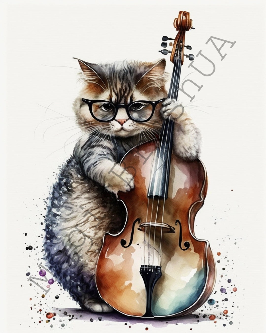 Cat Playing Double Bass 15 Portraits Set, Cat in Glasses Clipart ...