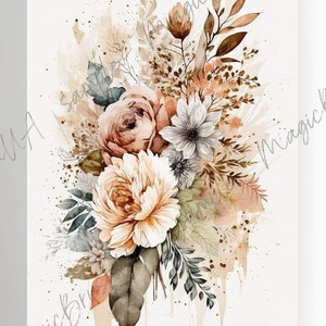 Boho Floral Bouquet, Printable Art Prints, Digital Crafting Bundle ...
