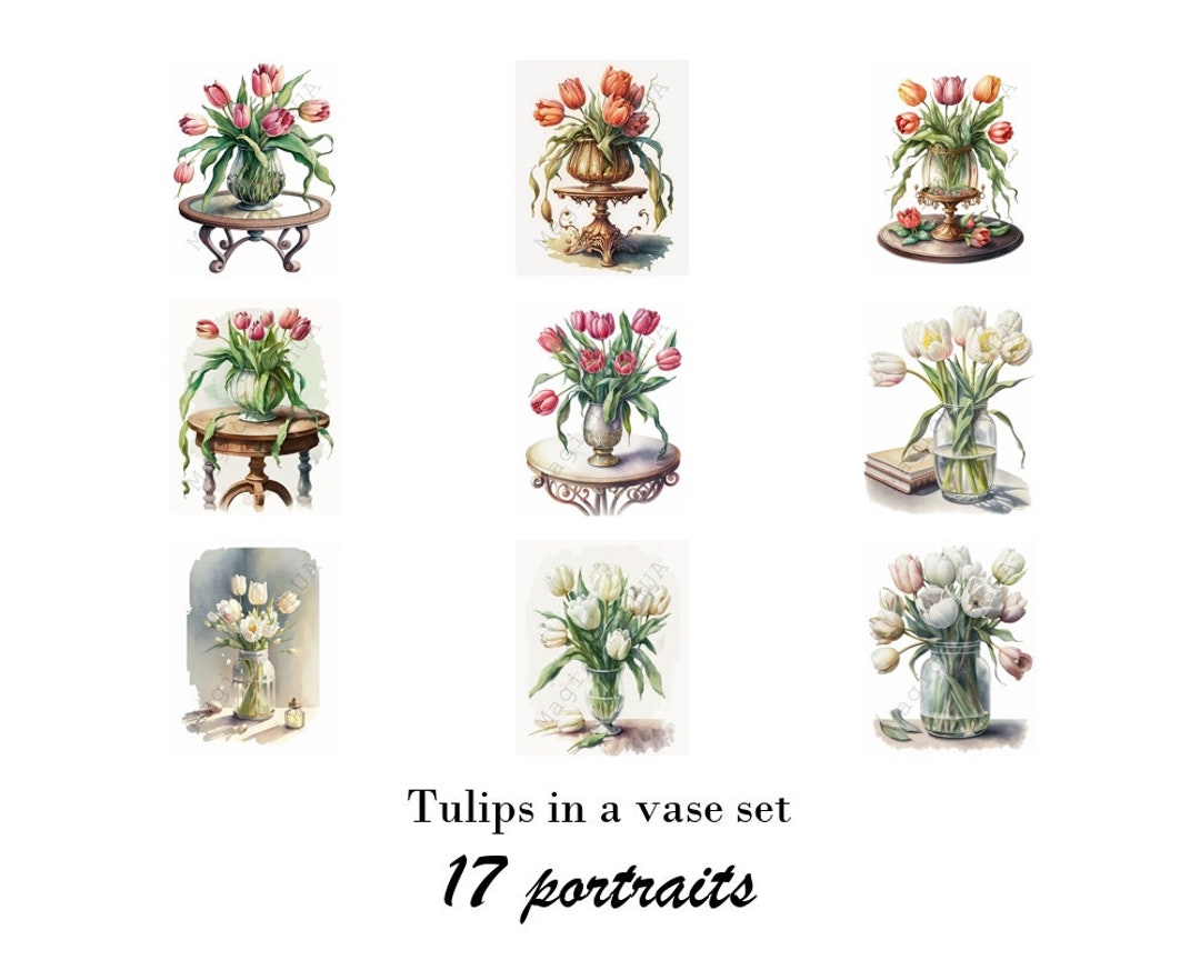 Tulips in a Vase 17 Portraits Set, Clipart Tulips, Commercial Use, Vase ...